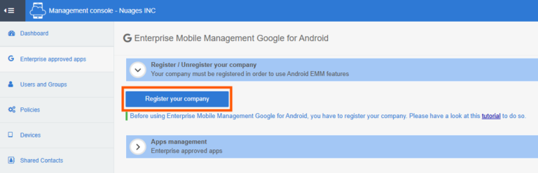 Register your company with Android EMM - Help resources - TinyMDM